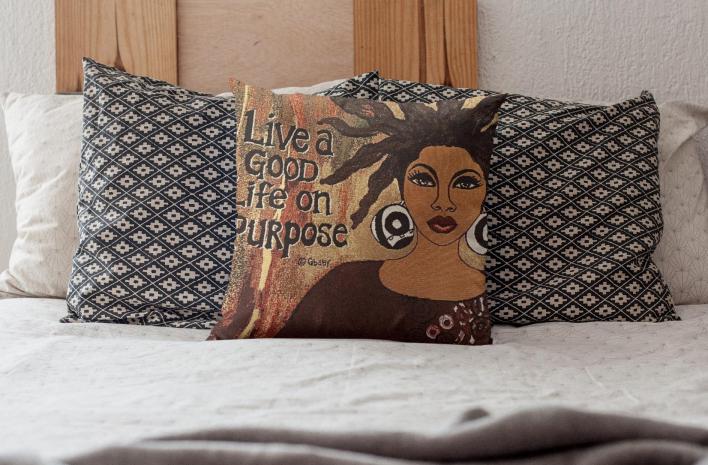 Live A Good Life on Purpose Woven Cushion Cover | Black Pillows